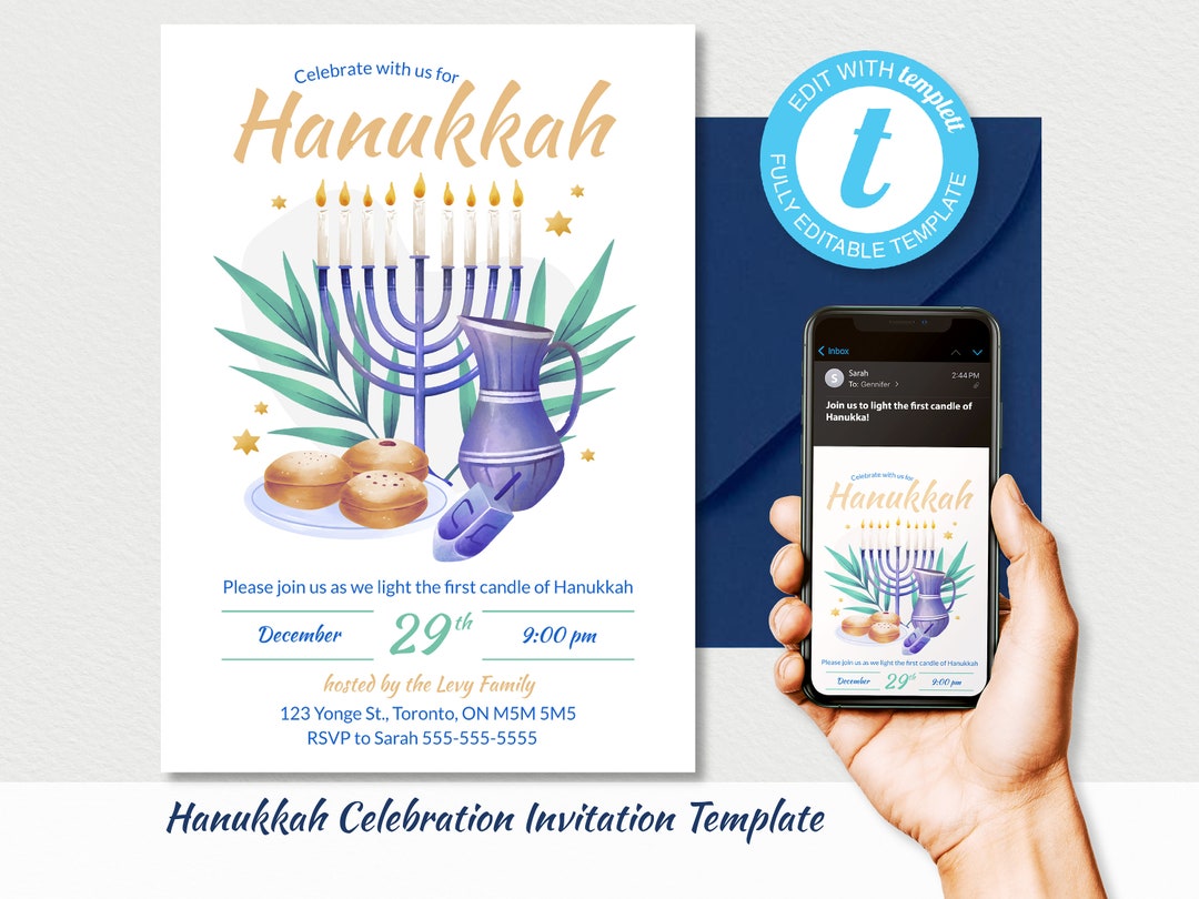 Hanukkah Celebration Party Invitation Template, Watercolor Menorah and ...