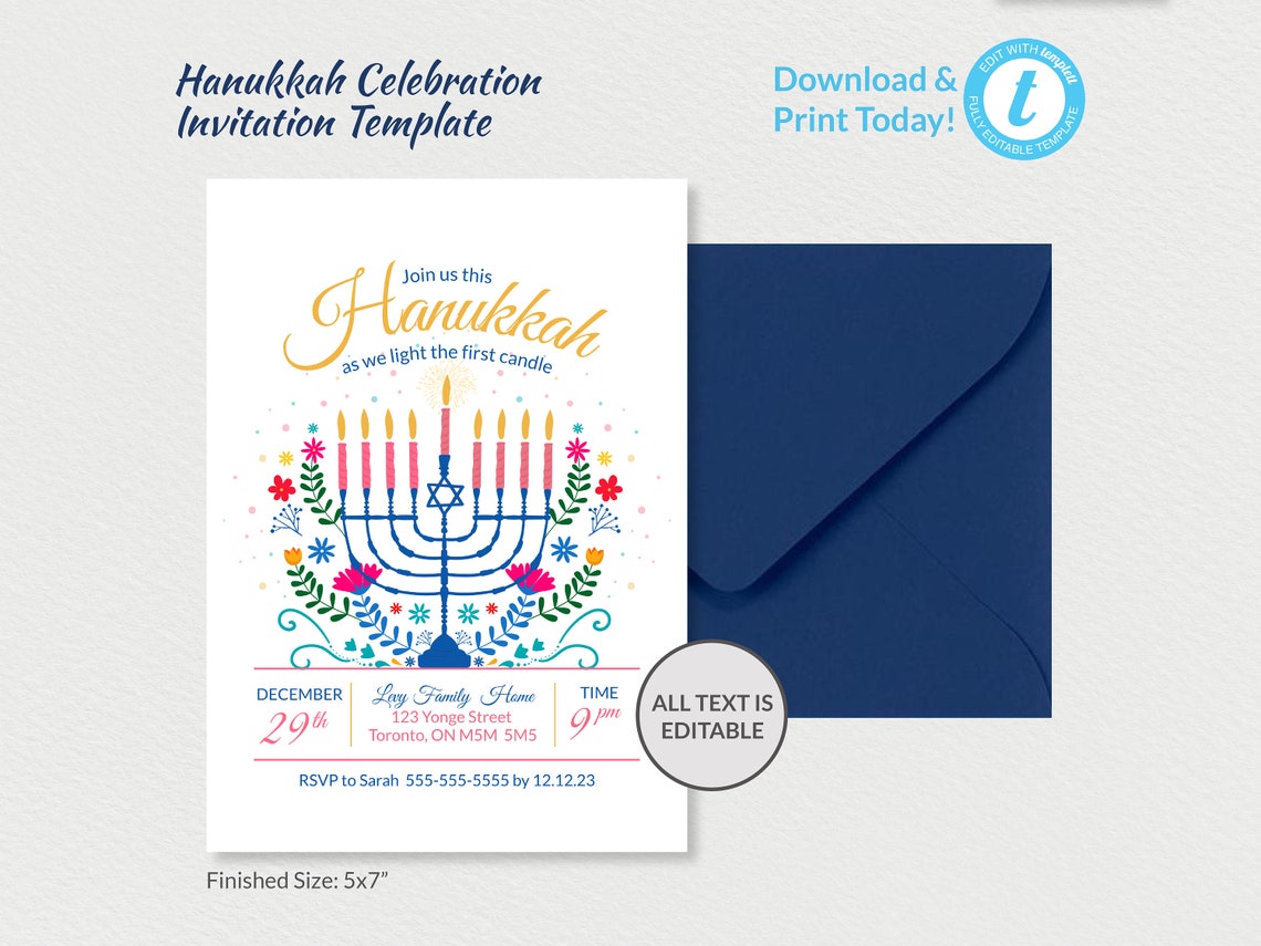 Hanukkah Invitation Template, Vibrant Color Scheme, Hand Sketched ...