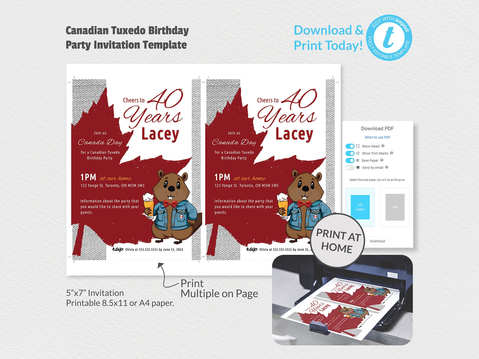 Editable Canada Day Invitation Template, Cheers to 40 Years, Birthday ...