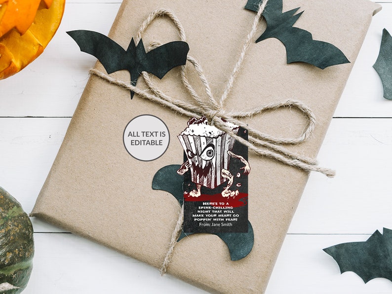 Halloween Horror Movie Night Gift Tag Template, Popcorn Digital ...