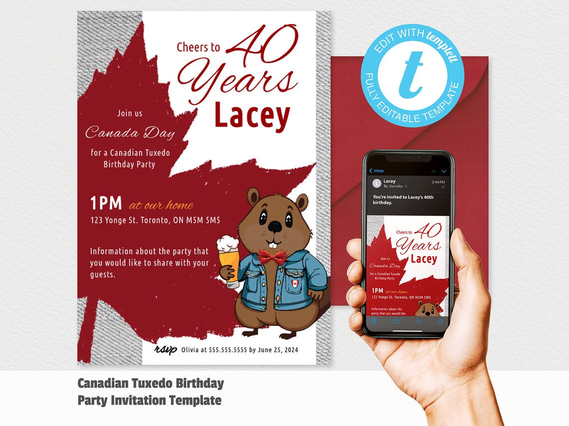 Editable Canada Day Invitation Template, Cheers to 40 Years, Birthday ...