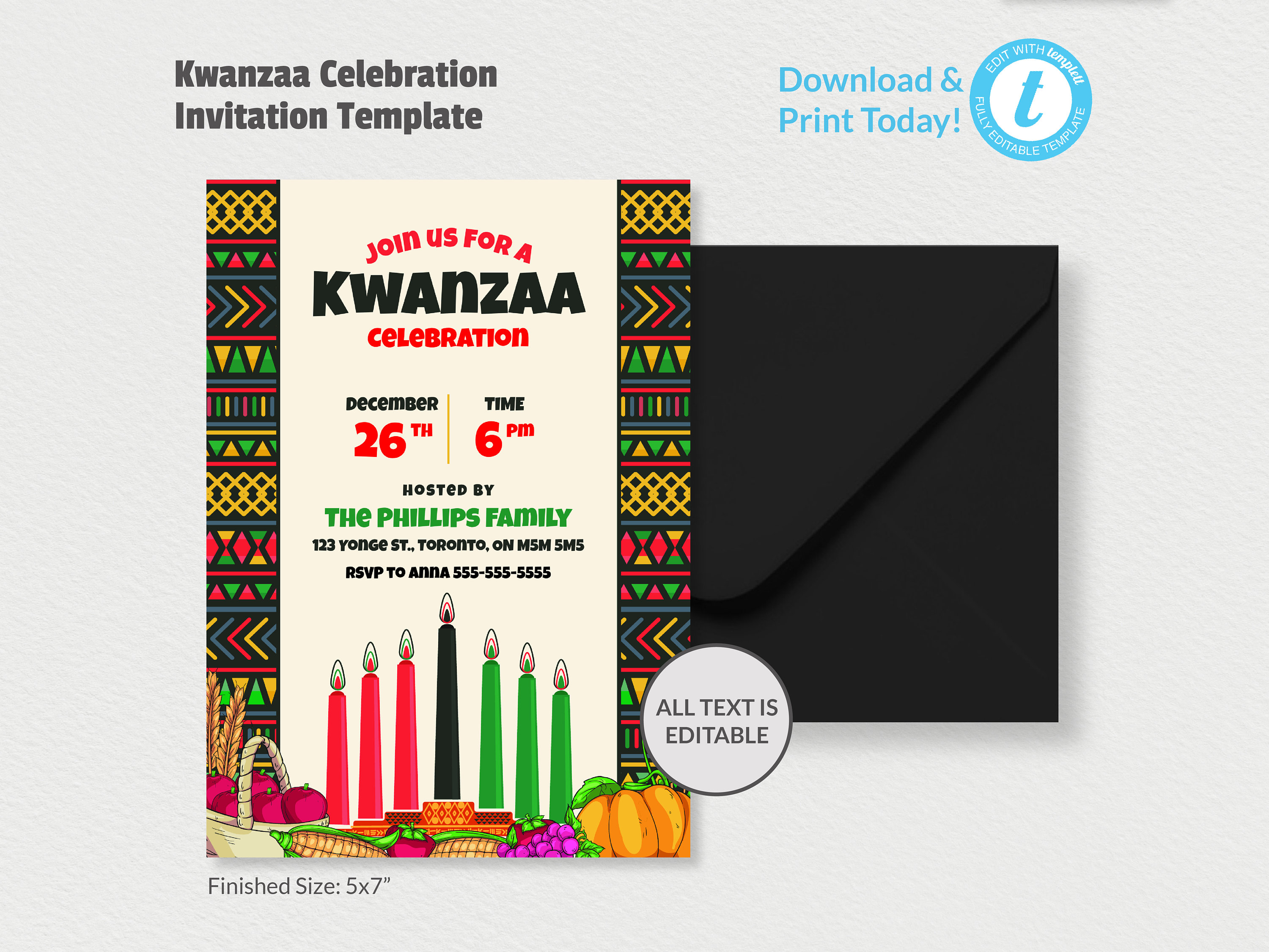 Kwanzaa Celebration Party Invitation Template, Kinara, African Pattern ...