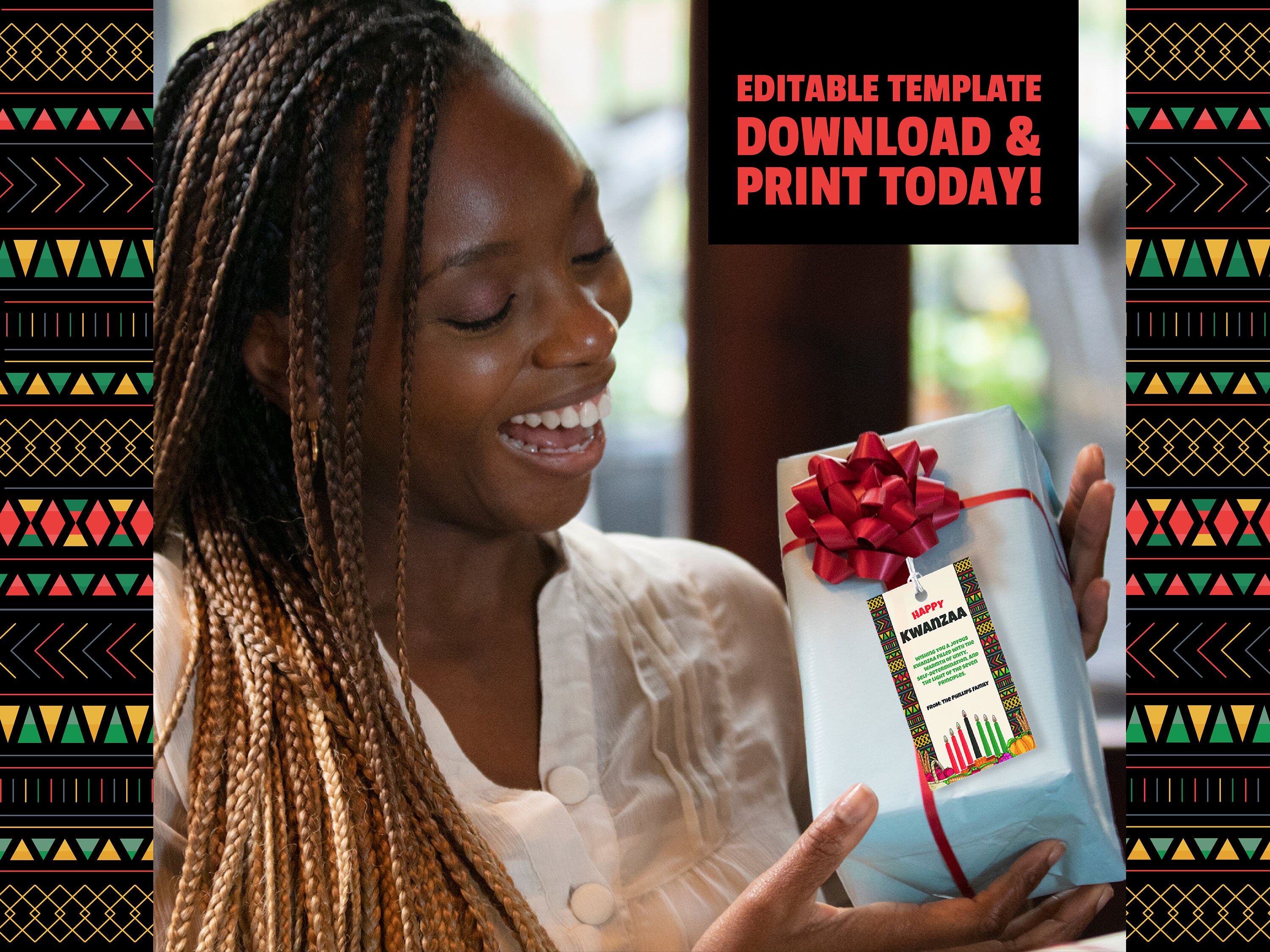 Kwanzaa Celebration Editable Gift Tag Template, Kinara, African Pattern ...