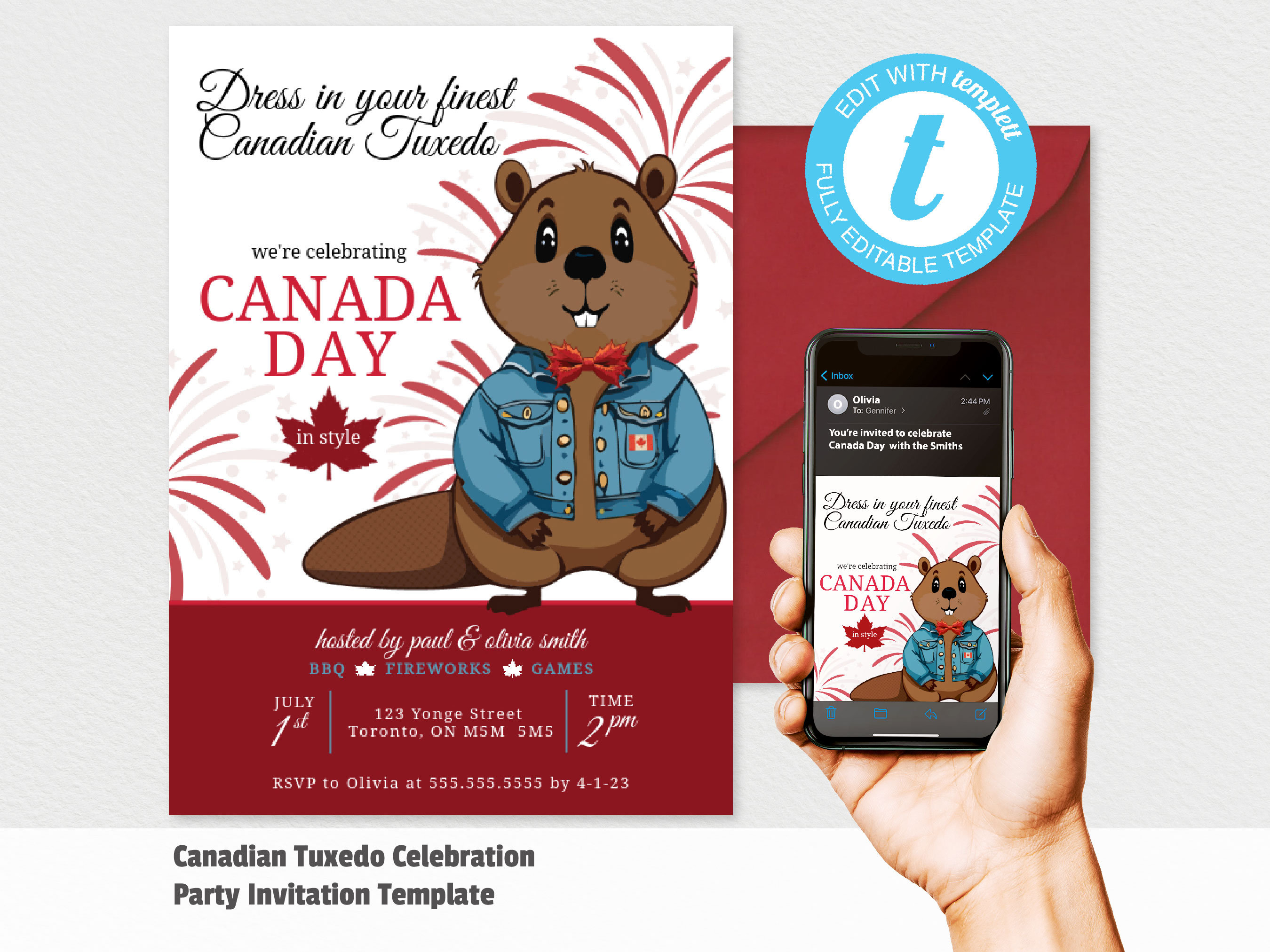 Editable Canada Day Invitation Template, Canadian Tuxedo, Printable ...