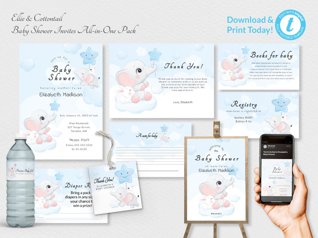 Ellie & Cottontail Baby Shower Invites All-in-one Pack Baby Boy ...