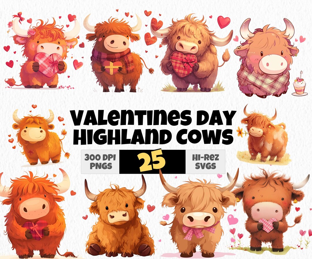 Highland Cow Valentine Clipart Bundle Digital Watercolor Cows Png ...
