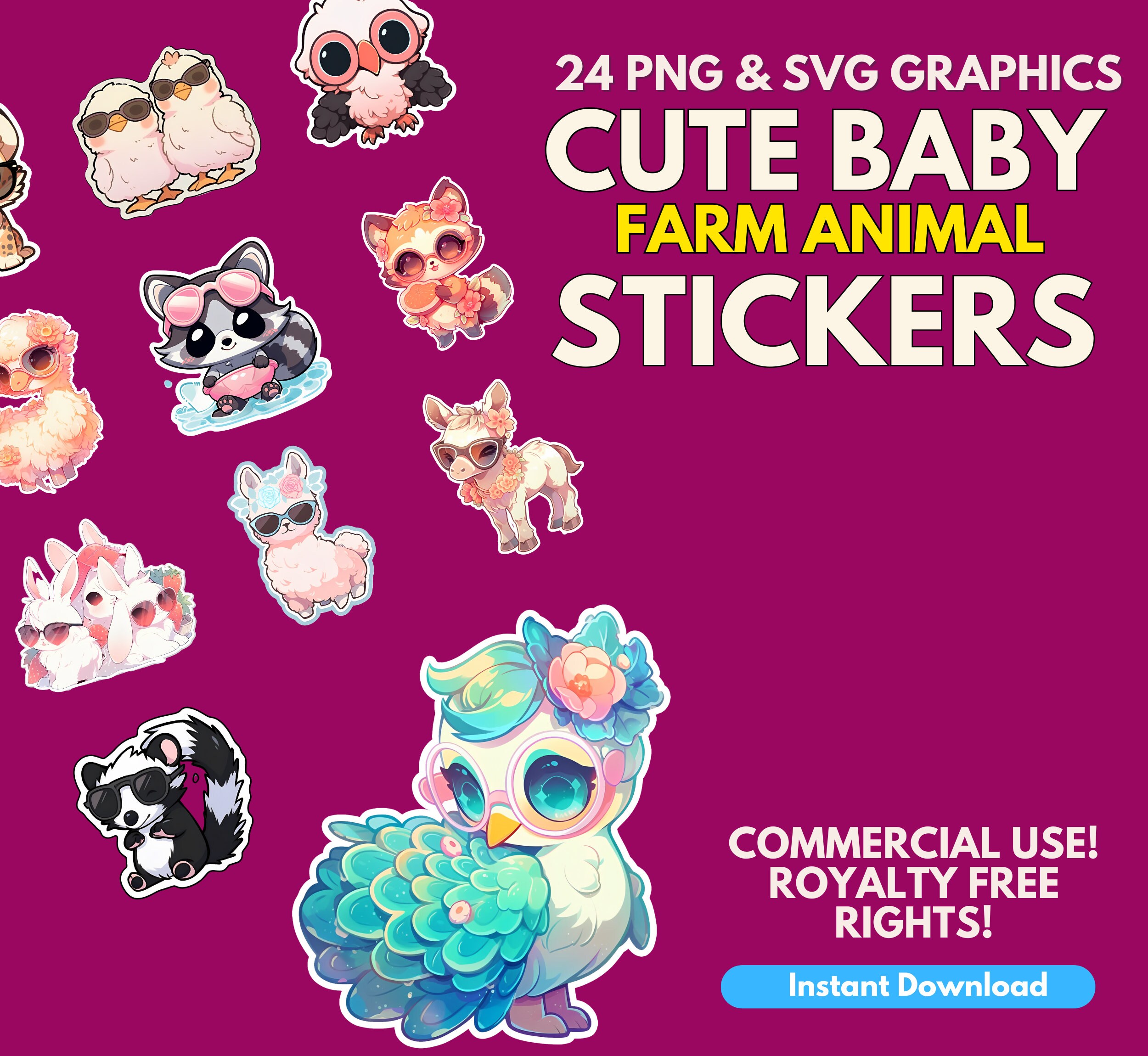 24 Kawaii Cute Baby Farm Animal Stickers - PNG & SVG Images for ...