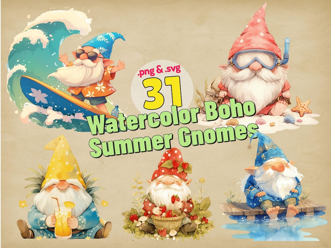 Watercolor Boho Summer Gnomes Clipart: PNG SVG Graphics (digital ...