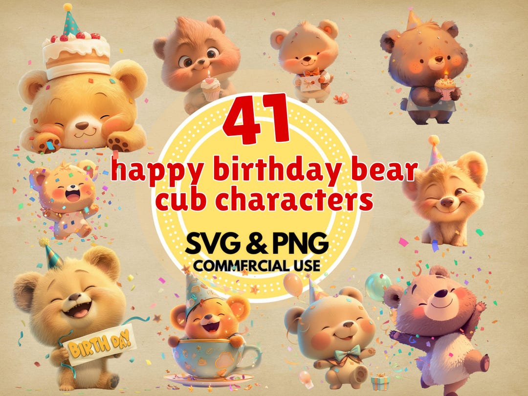 Watercolor Birthday Bear Clipart Set, Party Decor (PNG, SVG Digital ...