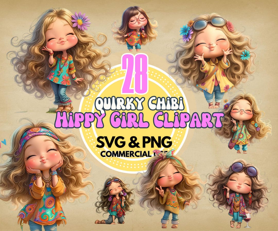 Chibi-style Hippy Girl Clipart Bundle | Boho Retro Graphics, Commercial ...