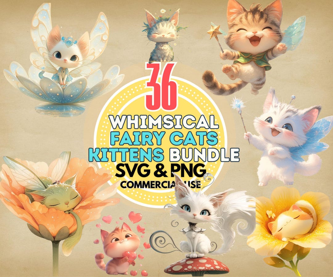 Fairy Cats Clipart Bundle, Whimsical Cat Illustrations (SVG & PNG ...
