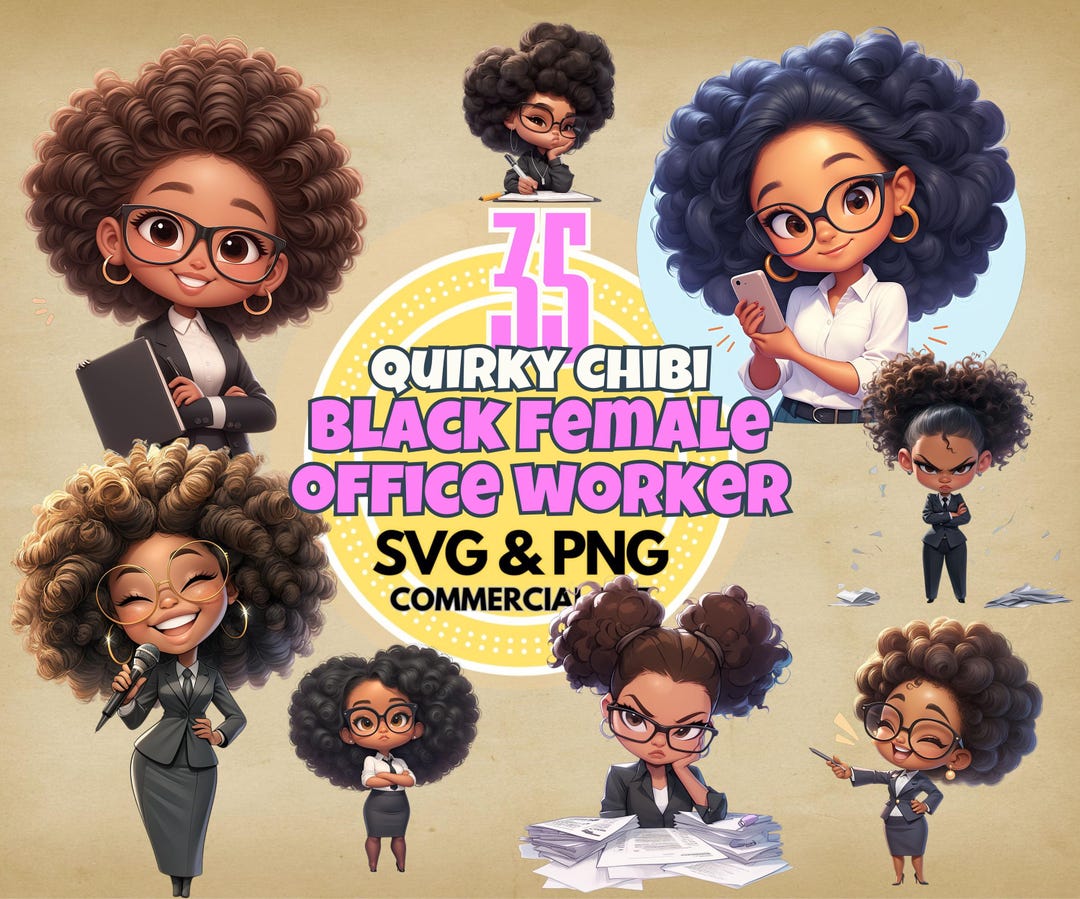 Office Worker Clipart Bundle Chibi Black Female Svg and Png Digital ...