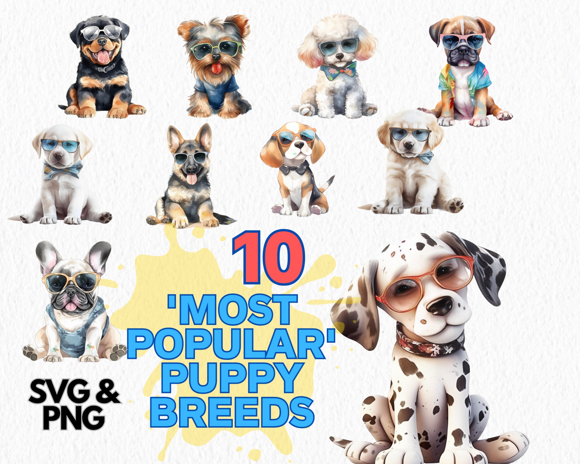 Watercolor Dogs With Sunglasses Cute Clipart Bundle of Puppies PNG and ...
