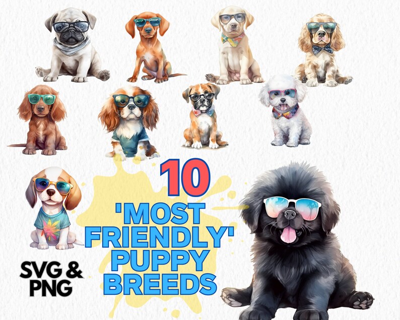 Watercolor Dogs With Sunglasses Cute Clipart Bundle of Puppies PNG and ...