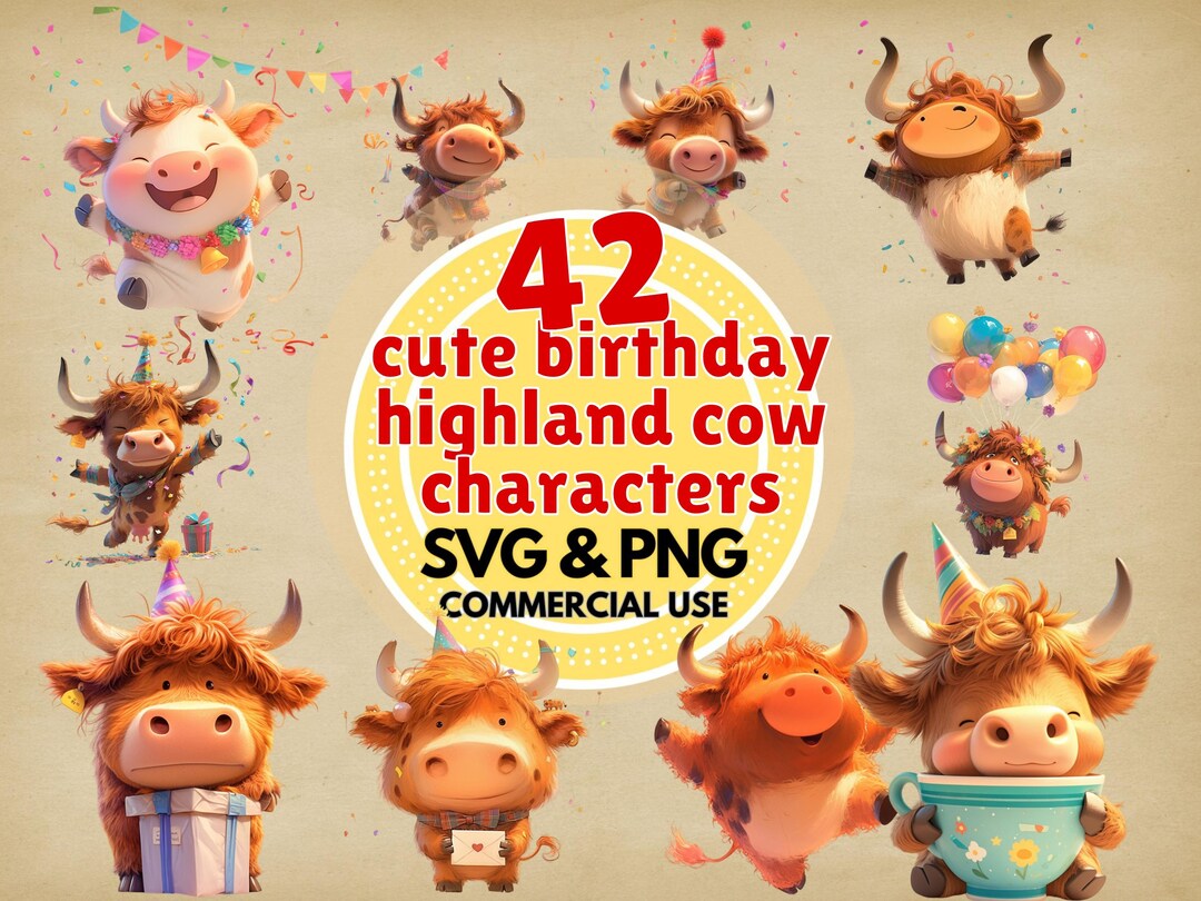 Highland Cow Birthday Clipart Set, Farm Animal PNG SVG (digital ...