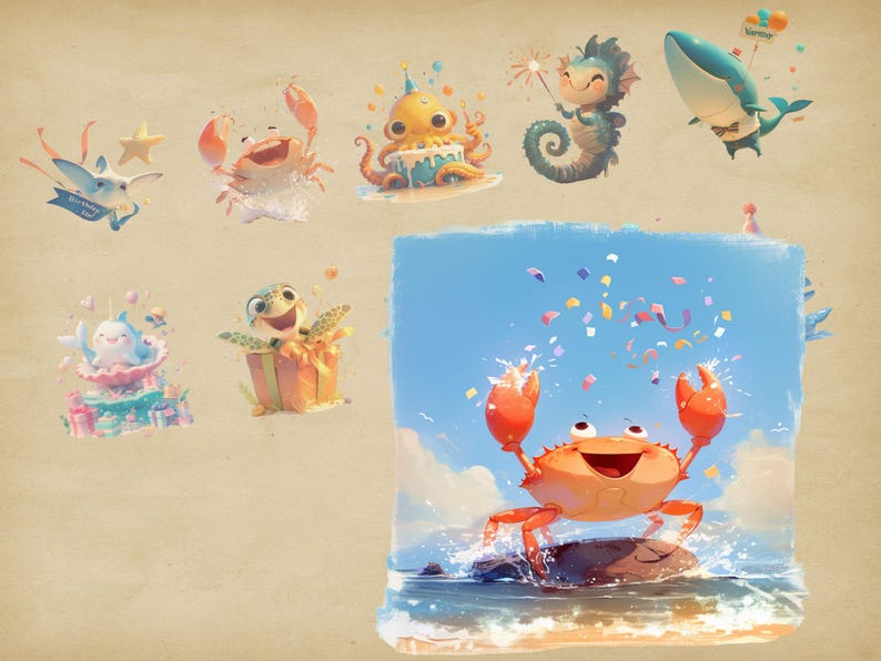 Sea Creatures Birthday Clipart Bundle Digital Download Svg and Png Cute ...