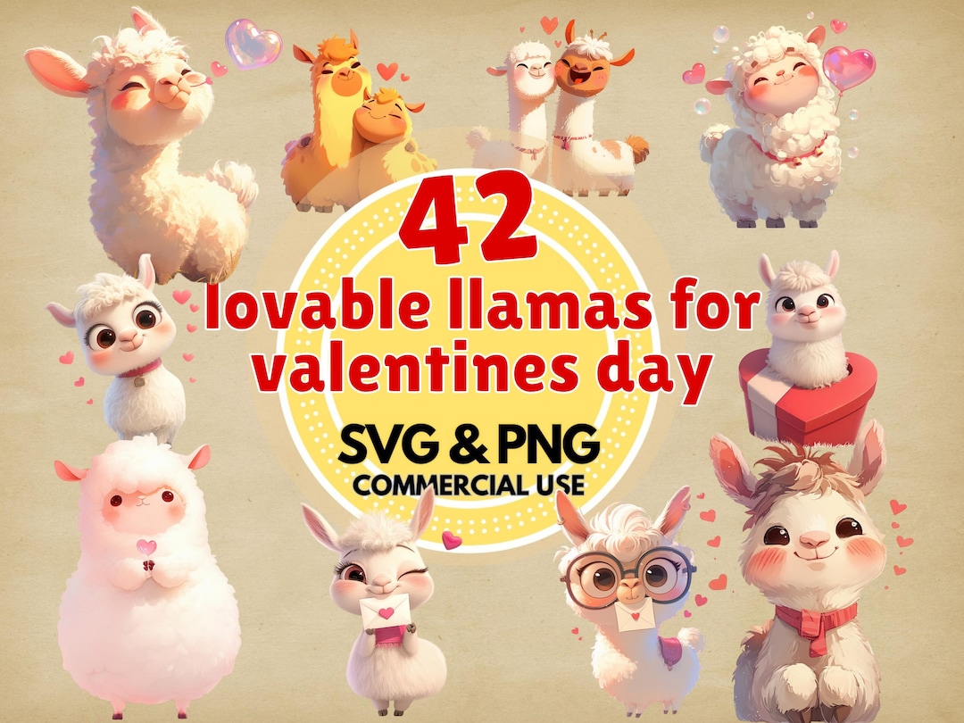 Whimsical Llama Valentine's Day Clipart - PNG SVG Graphics for Crafts ...