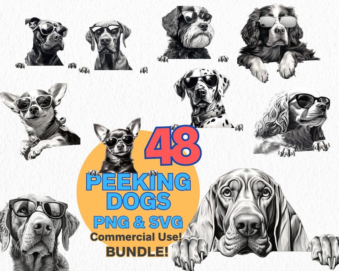 Cute Dogs Clipart - 48 Peeking Dogs Silhouette Over a Wall, Line Art ...