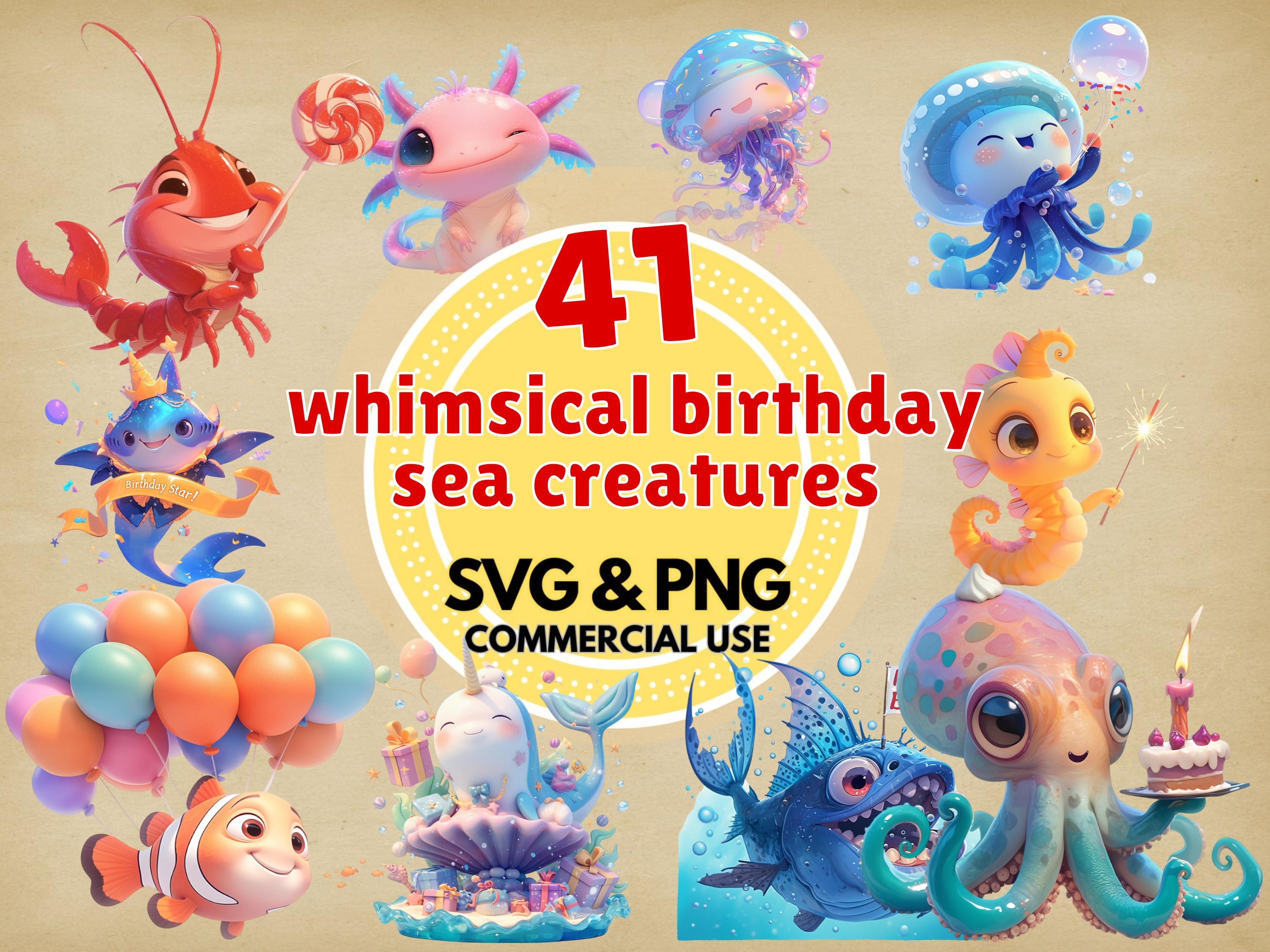 Sea Creatures Birthday Clipart Bundle Digital Download Svg and Png Cute ...