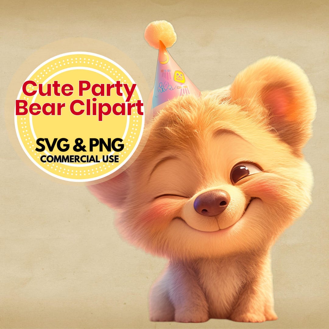 Happy Birthday Bear Clipart SVG PNG Cute Cartoon Cub Party Hat Digital ...