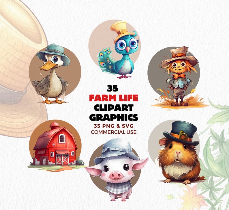 Cute Farm. Watercolor Country Clipart, Horse, Cow, Chicken, Goose, Fun ...