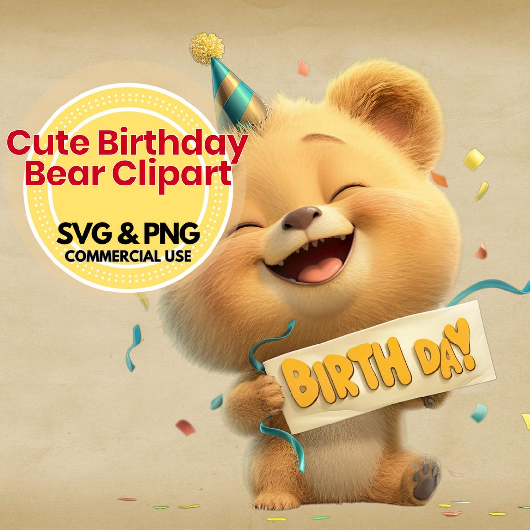 Birthday Bear Clipart Digital Download Cute Watercolor Bear Png Svg for ...