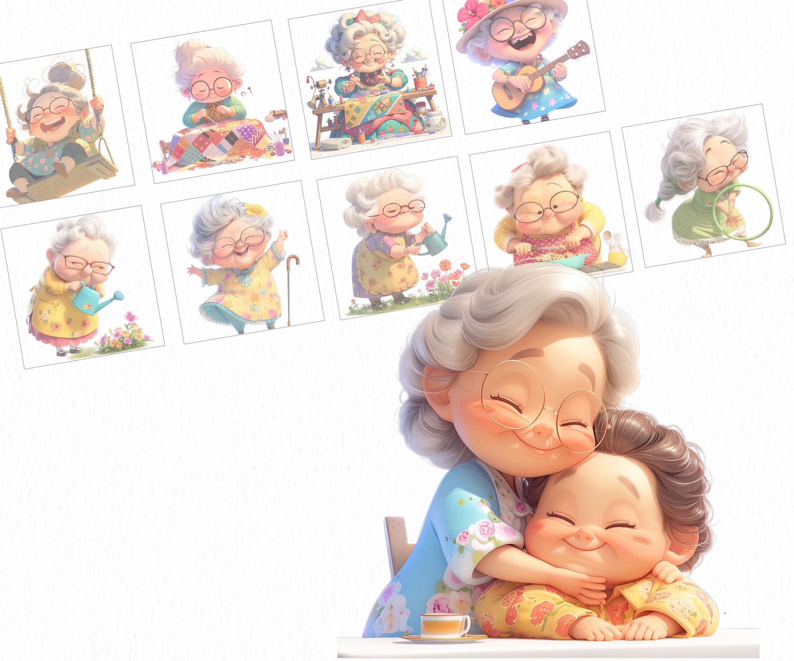 Grandma Clipart Pack Png Svg – Cute Chibi Grandma Graphics Bundle for ...