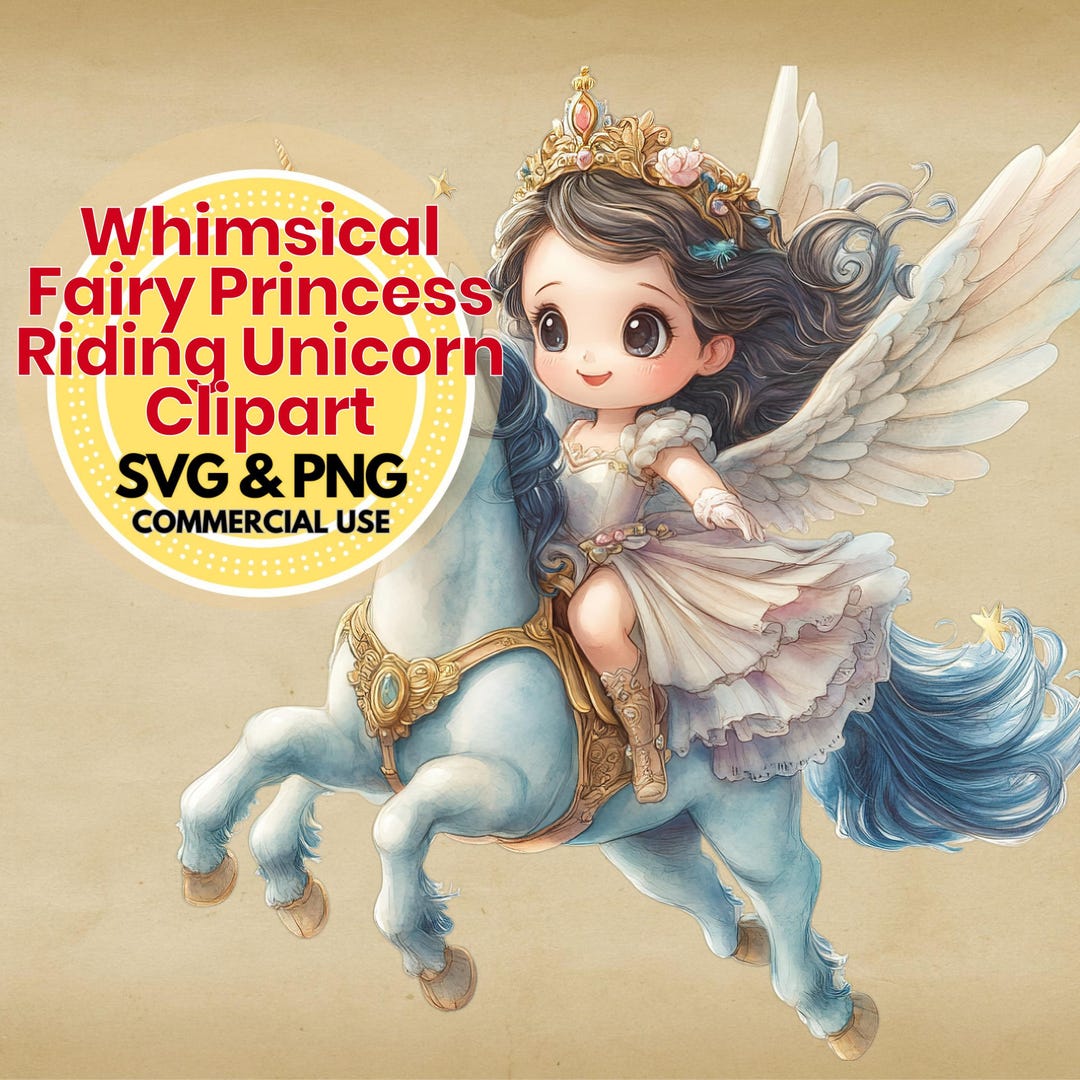 Winged Princess Riding Unicorn Clipart: Whimsical Fairy Tale (PNG SVG ...