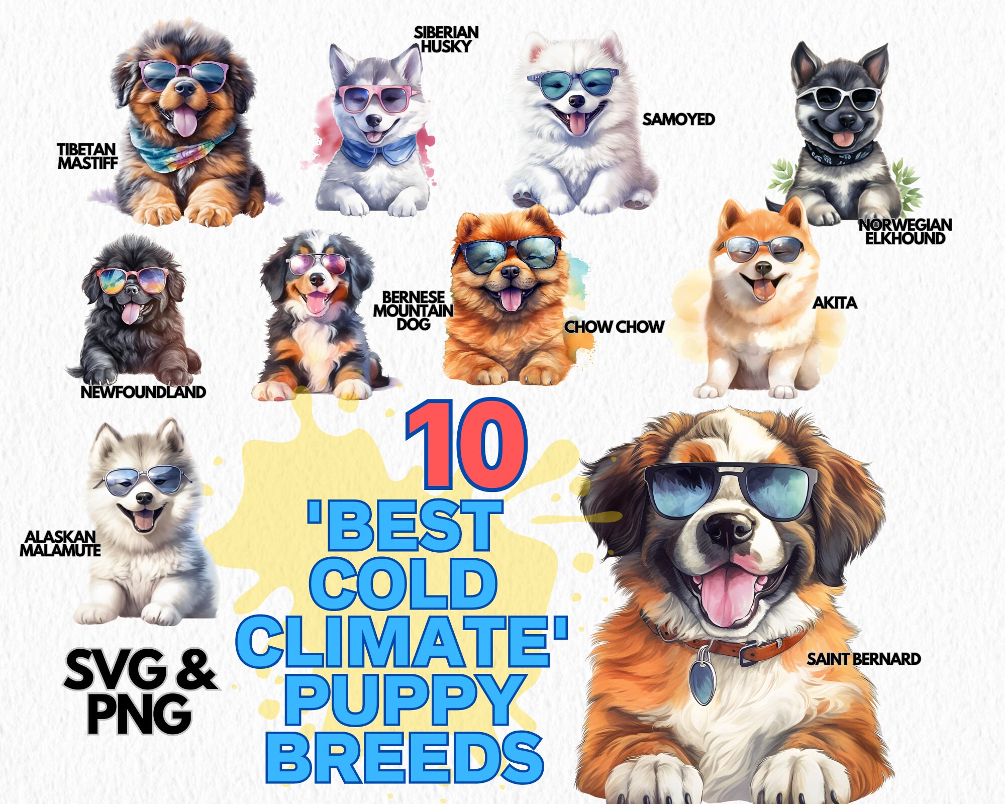 Watercolor Cold Climate Puppy Dog Breeds Clipart , Dog PNG Bundle , SVG ...