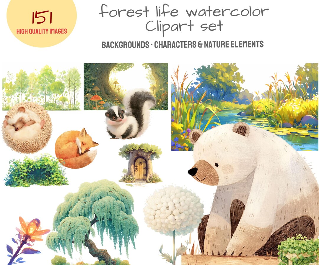 Woodland Animals Bundle Clipart, Watercolor Spring Forest Animals PNG ...