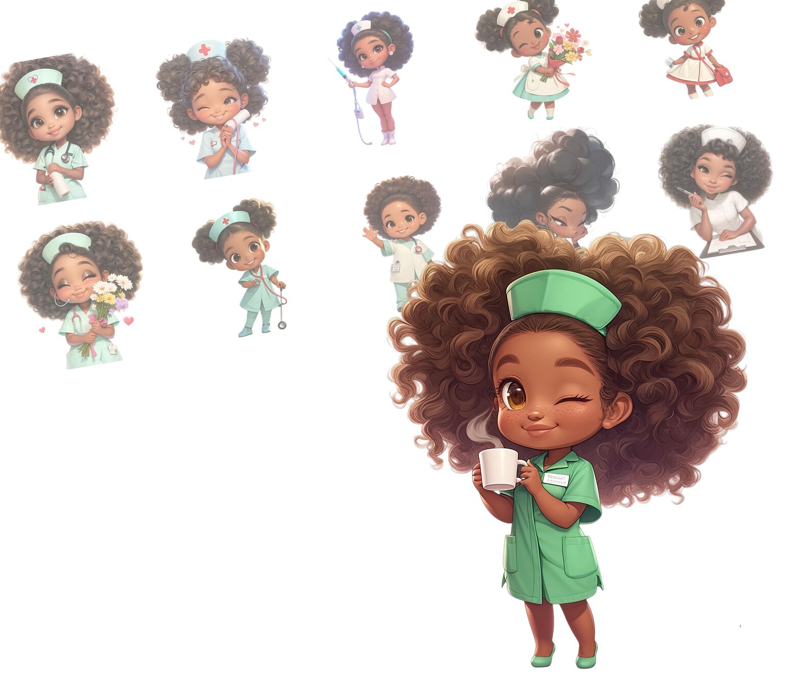 Chibi Nurse Clipart Bundle Black Nurse Illustrations Digital Download ...