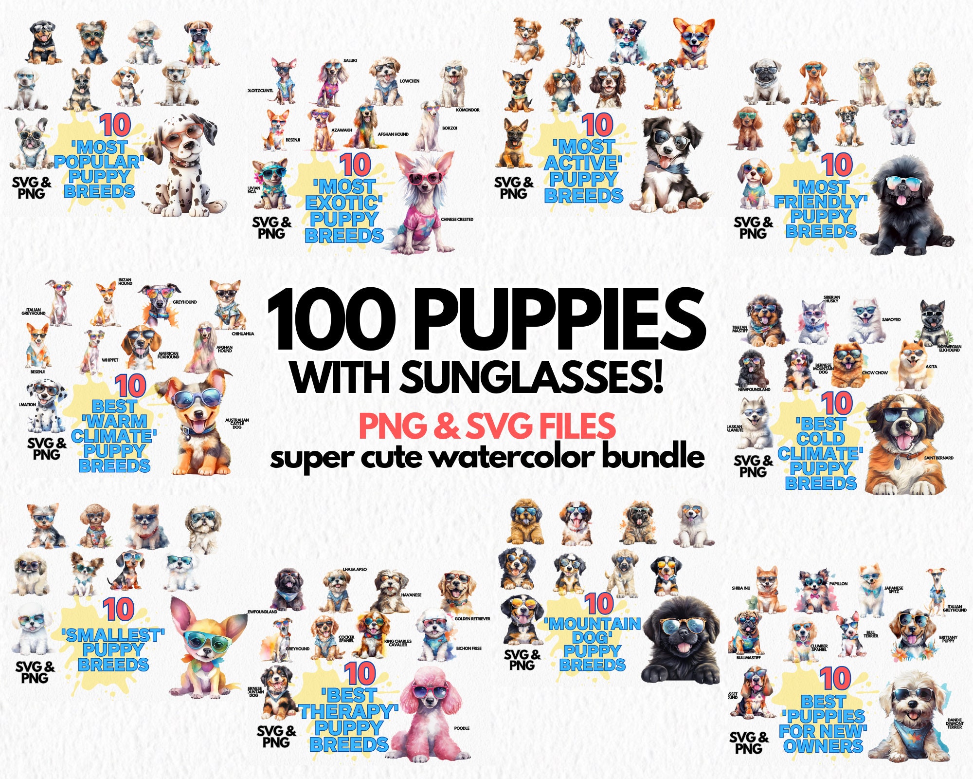 Watercolor Dogs With Sunglasses Cute Clipart Bundle of Puppies PNG and ...