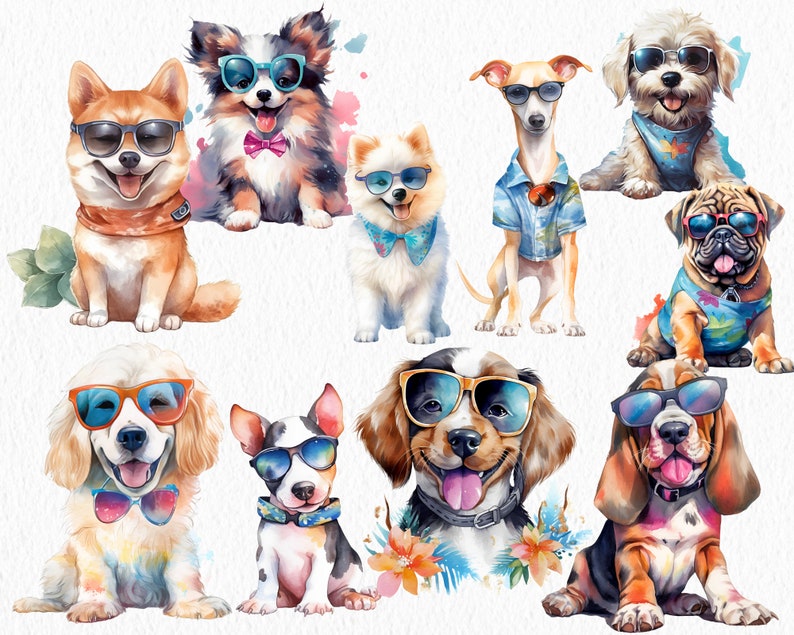 Watercolor Dogs With Sunglasses Cute Clipart Bundle of Puppies PNG and ...