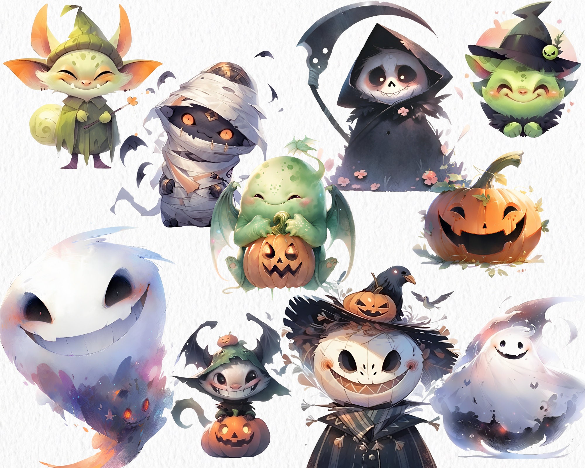 40 Cute Watercolor Style Halloween Creatures Mystical Creatures Clipart ...