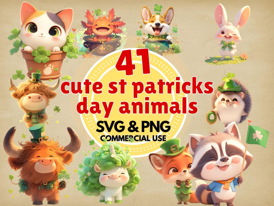 Cute St Patricks Day Animals Clipart PNG SVG Digital Download Lucky ...