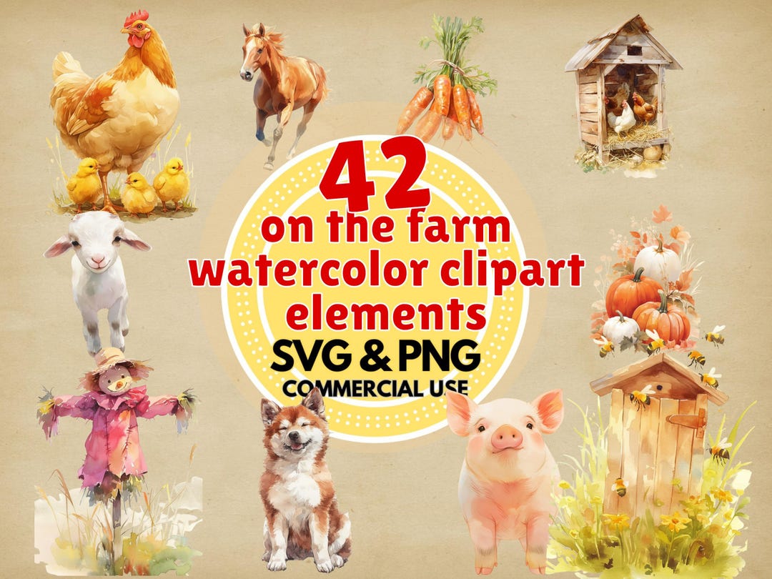 Farm Watercolor Clipart Digital Download Barn Animals Tractor SVG PNG ...