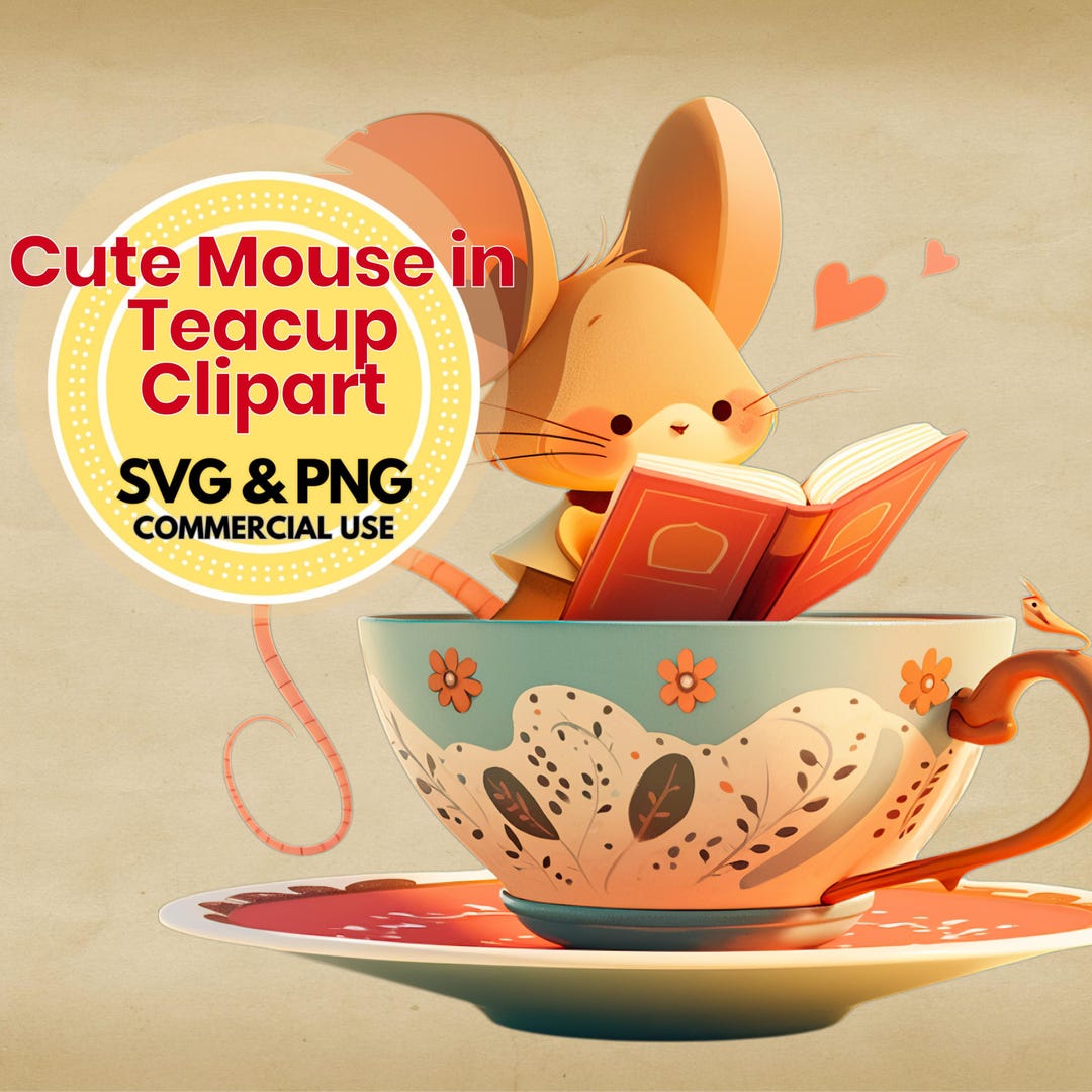 Mouse in Teacup Clipart: Book Lover Animal Illustration (SVG, PNG ...