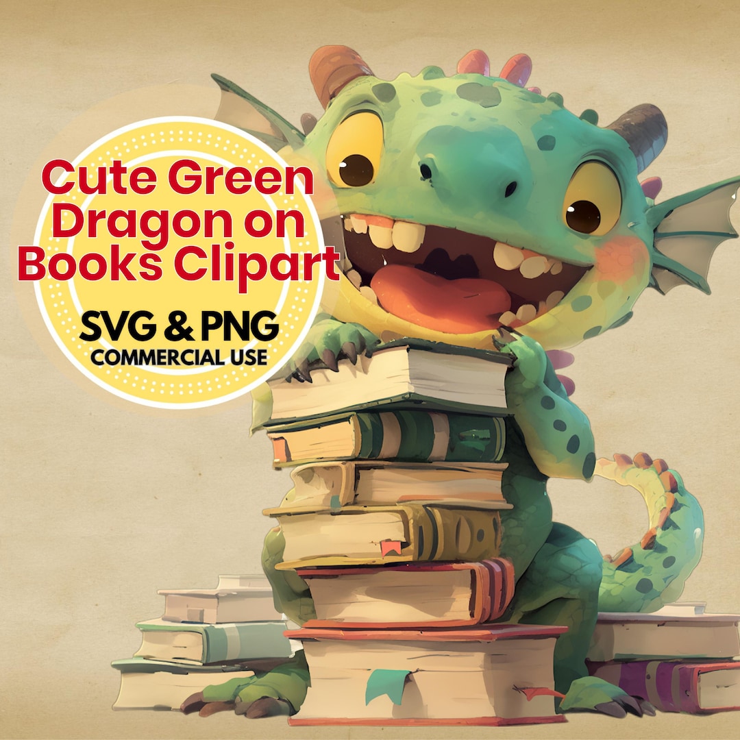 Dragon Svg Book Lover Clipart Cute Reading Dragon With Books Png and ...