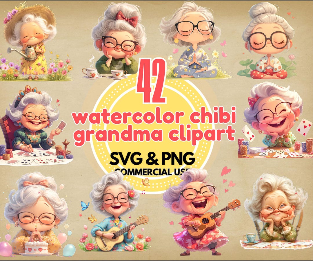 Watercolor Chibi Grandma Clipart Bundle, Cozy Granny PNG SVG ...