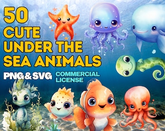 Cute Under the Sea Animals Watercolor Clip Art Bundle Sea Animals ...