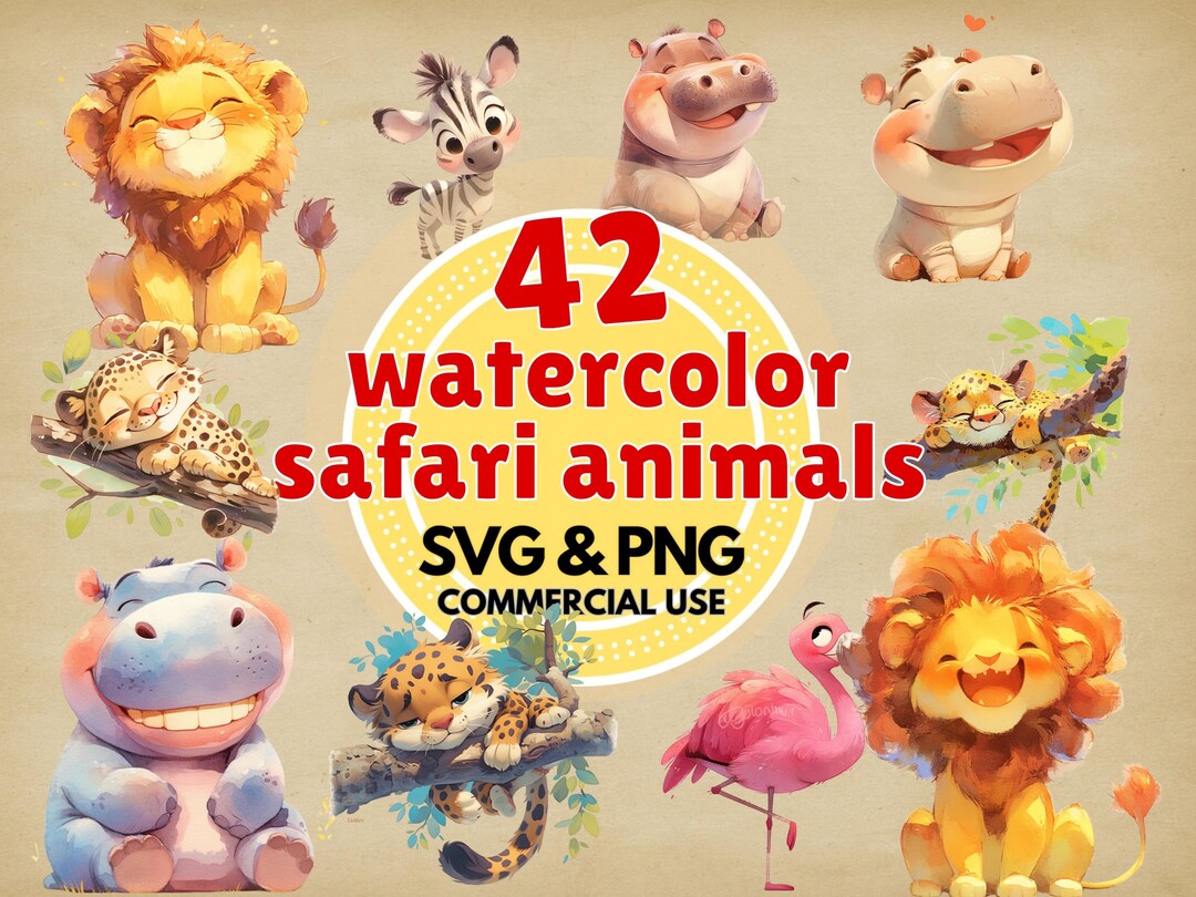 Watercolor Safari Animal Clipart Bundle 42 Png Svg Hand Painted Jungle ...