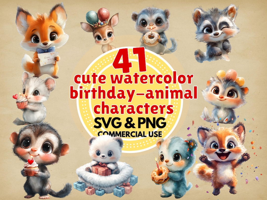 Cute Watercolor Birthday Animal Clipart PNG SVG Digital Download for ...