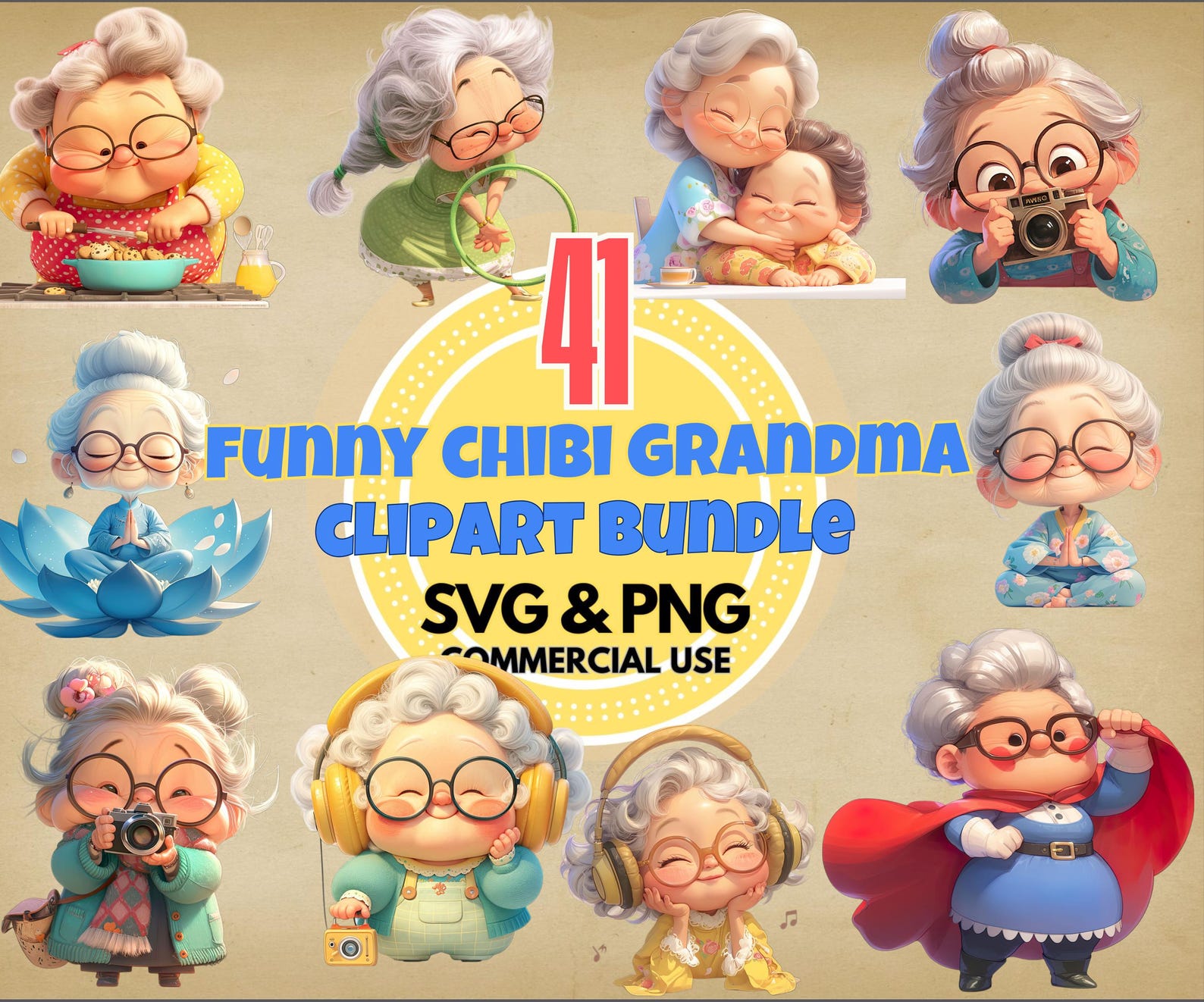 Grandma Clipart Pack Png Svg – Cute Chibi Grandma Graphics Bundle for ...