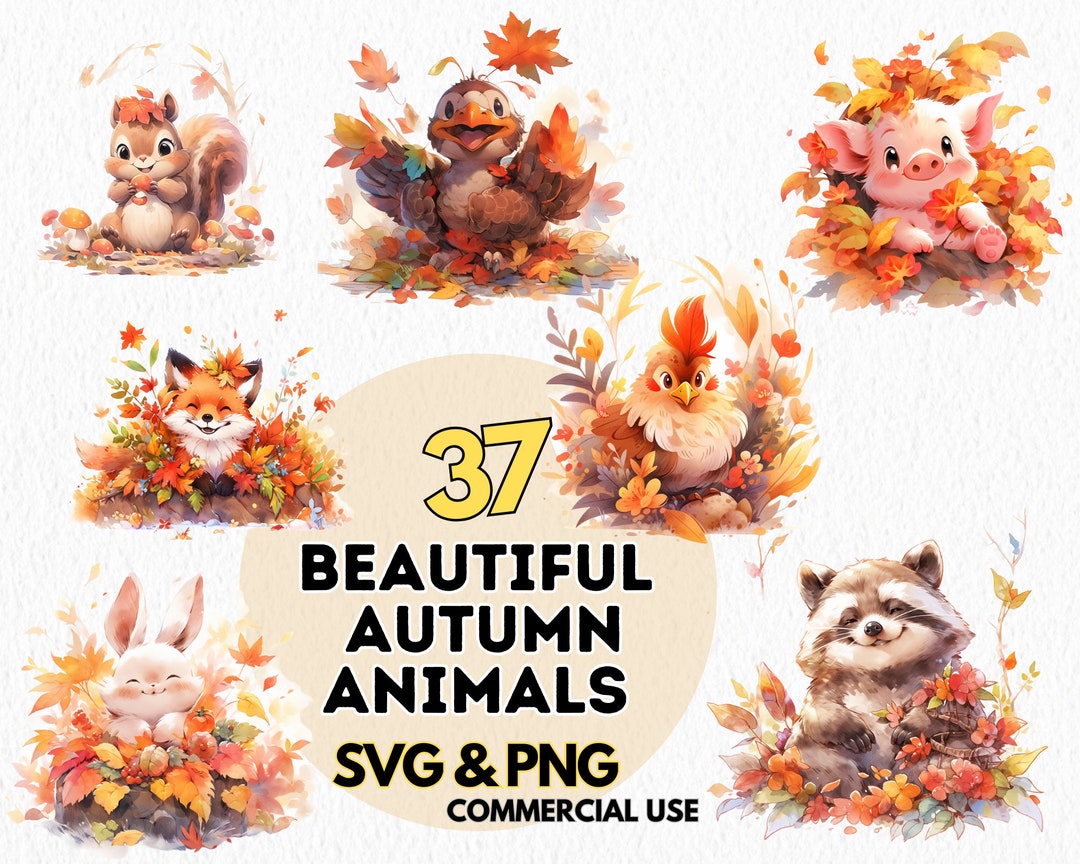 Watercolor Fall Animals Clipart Bundle, Autumn PNG SVG (digital ...