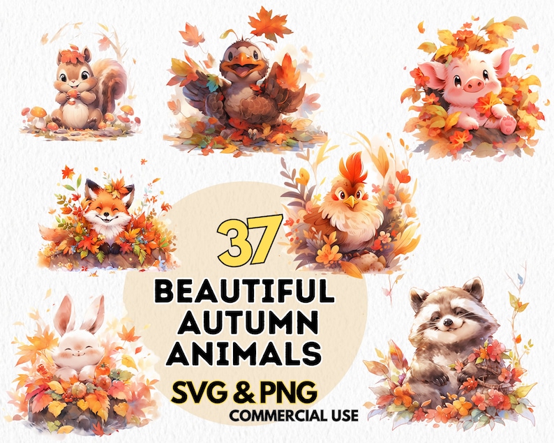 Watercolor Fall Animals Clipart Bundle 37 Png Svg Cute Autumn Animal ...