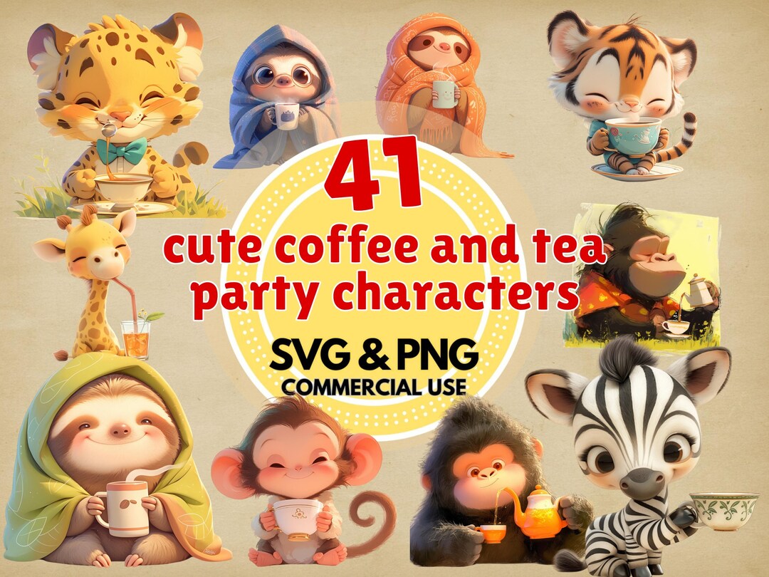 Coffee Clipart Bundle Cute Tea Party Png Svg Digital Stickers Mug ...