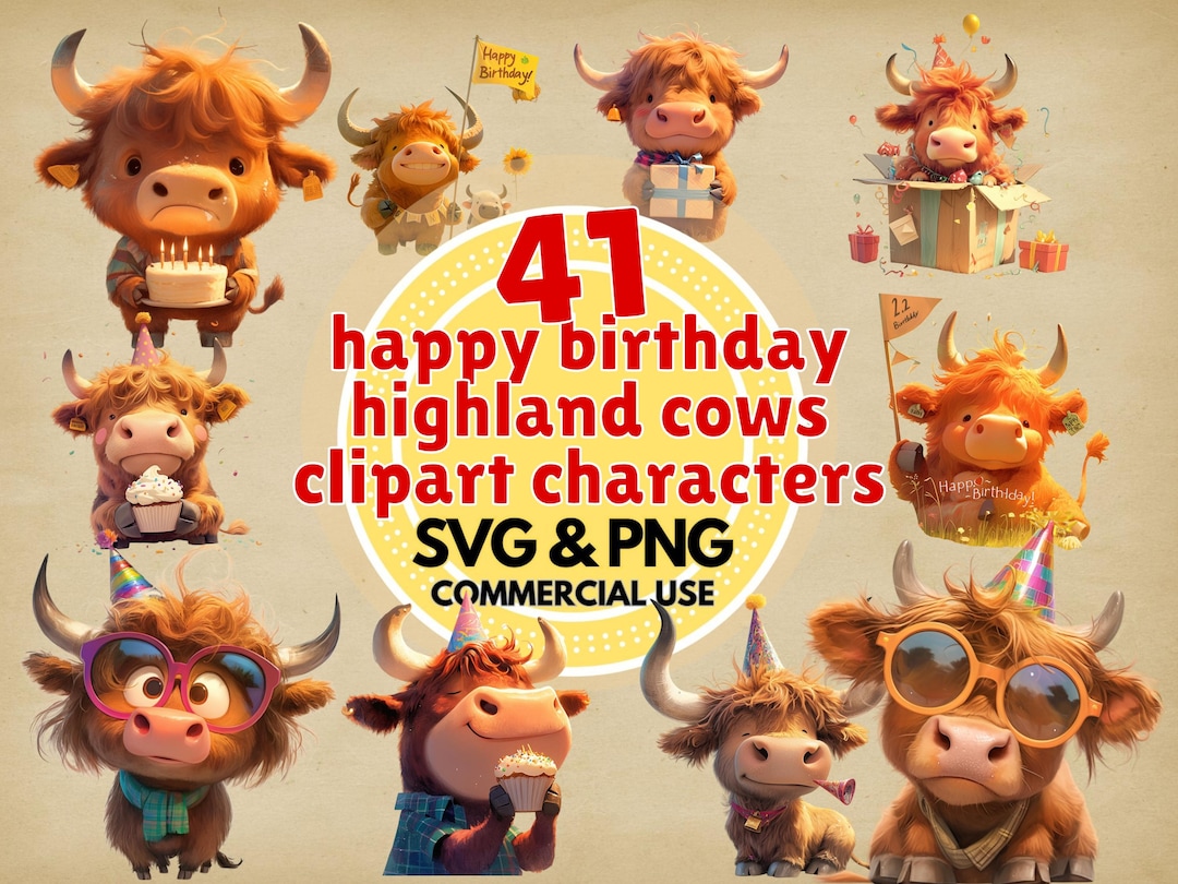 Highland Cow Birthday Clipart Set Svg Png, Cute Farm Animal Digital ...