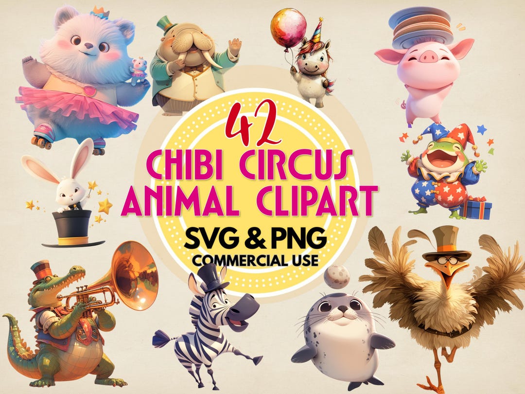 Chibi Circus Animal Clipart Set PNG SVG - Cute Digital Graphics for ...