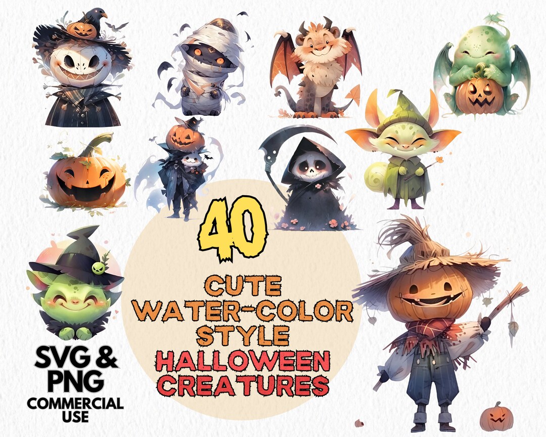 40 Cute Watercolor Style Halloween Creatures Mystical Creatures Clipart ...