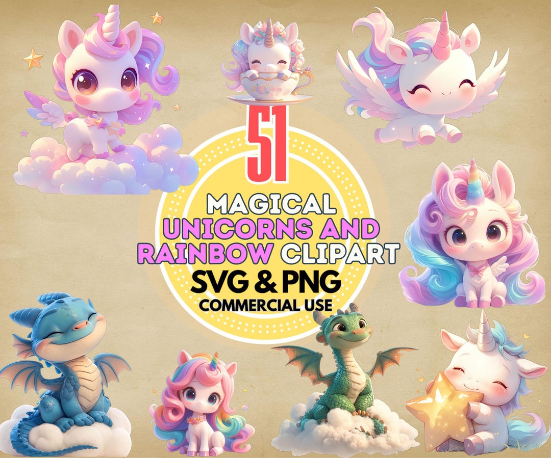 Unicorn and Rainbow Clipart Bundle – 51 Watercolor PNG SVG Images ...
